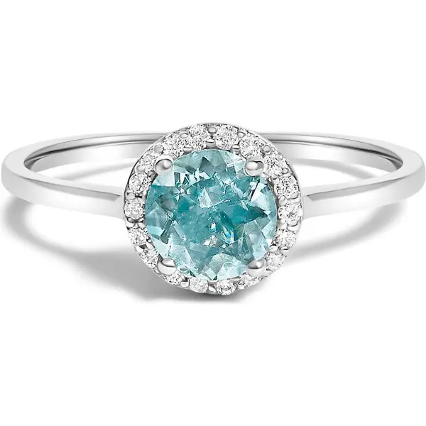 HAUS OF BRILLIANCE 10k Gold Gemstone And Diamond Halo Ring - White | Blue Aquamarine
